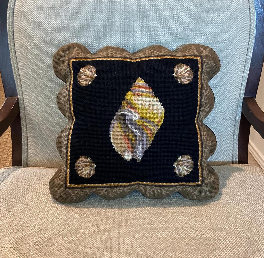Seashell Needlepoint & Velvet Throw Pillow With Scalloped Edge - Etsy