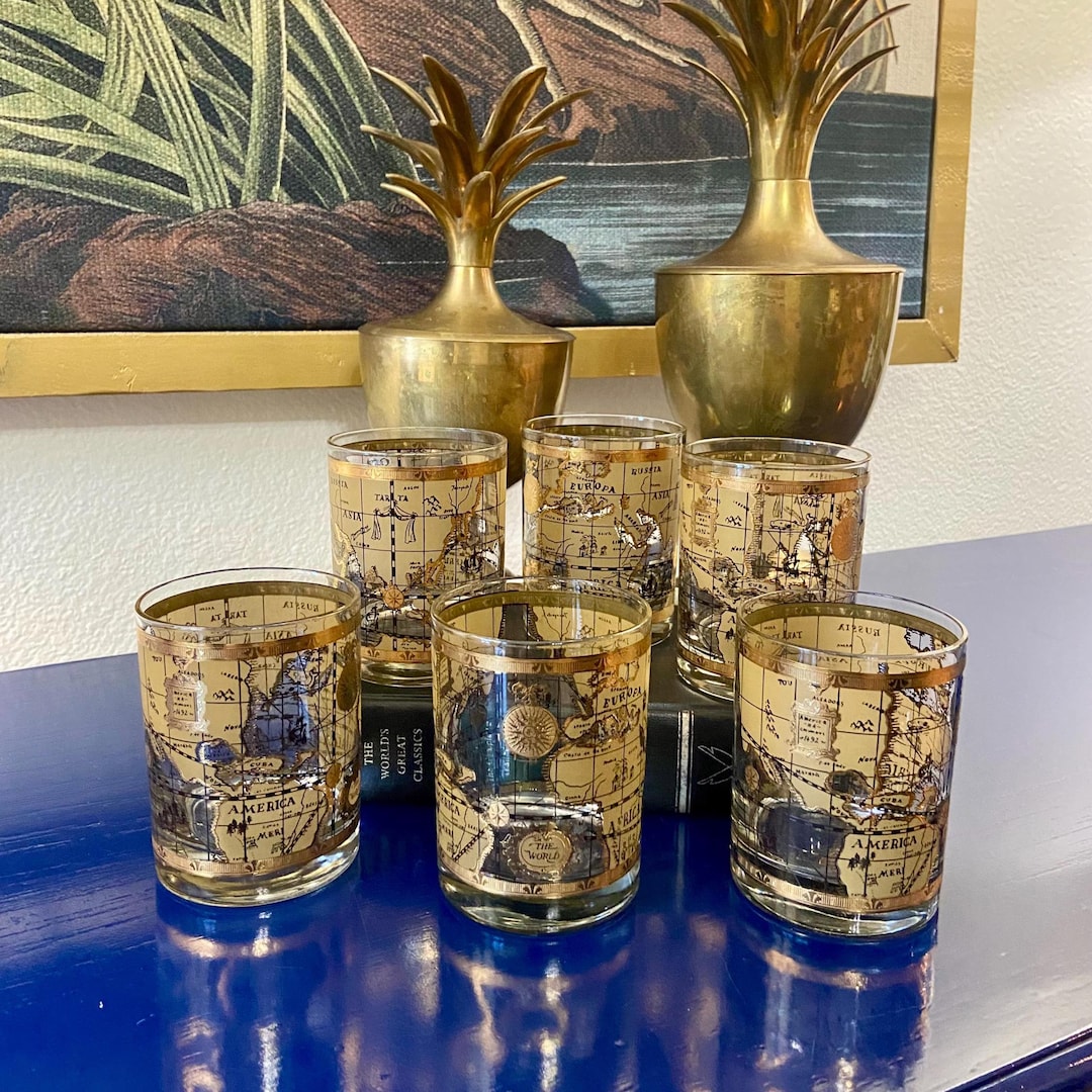 Set of 6 Vintage World Map 22K Gold Cera Cocktail Glasses - Etsy