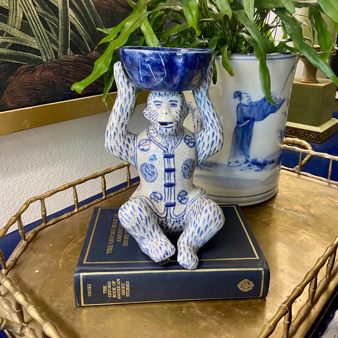 Chinoiserie Blue and White Monkey Trinket Tray/pedestal Bowl - Etsy