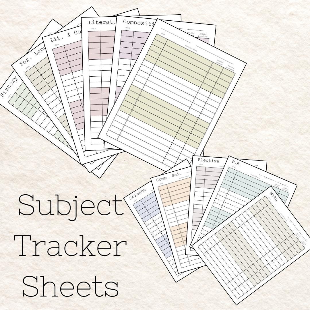 Subject Tracker Sheets - Etsy