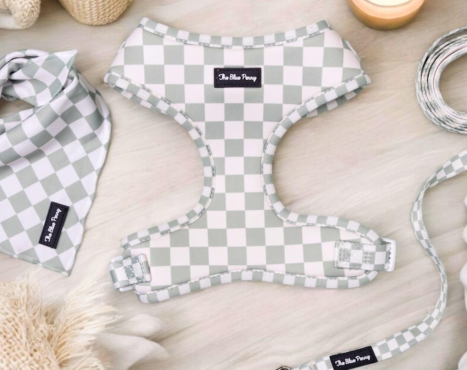 Checkered Dog Harness Sage Green Retro Puppy Harness XS to Large Cute ...