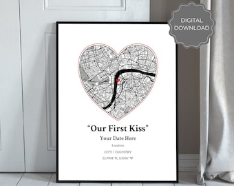 First Kiss Map Art - Etsy