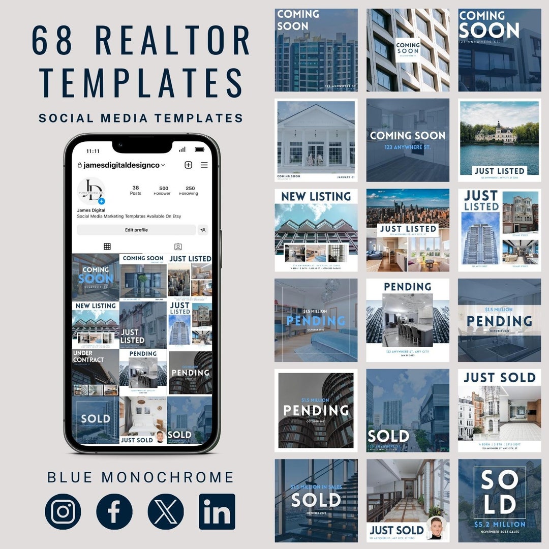 Real Estate Social Media Templates | 68 Blue Realtor Posts (canva) - Etsy