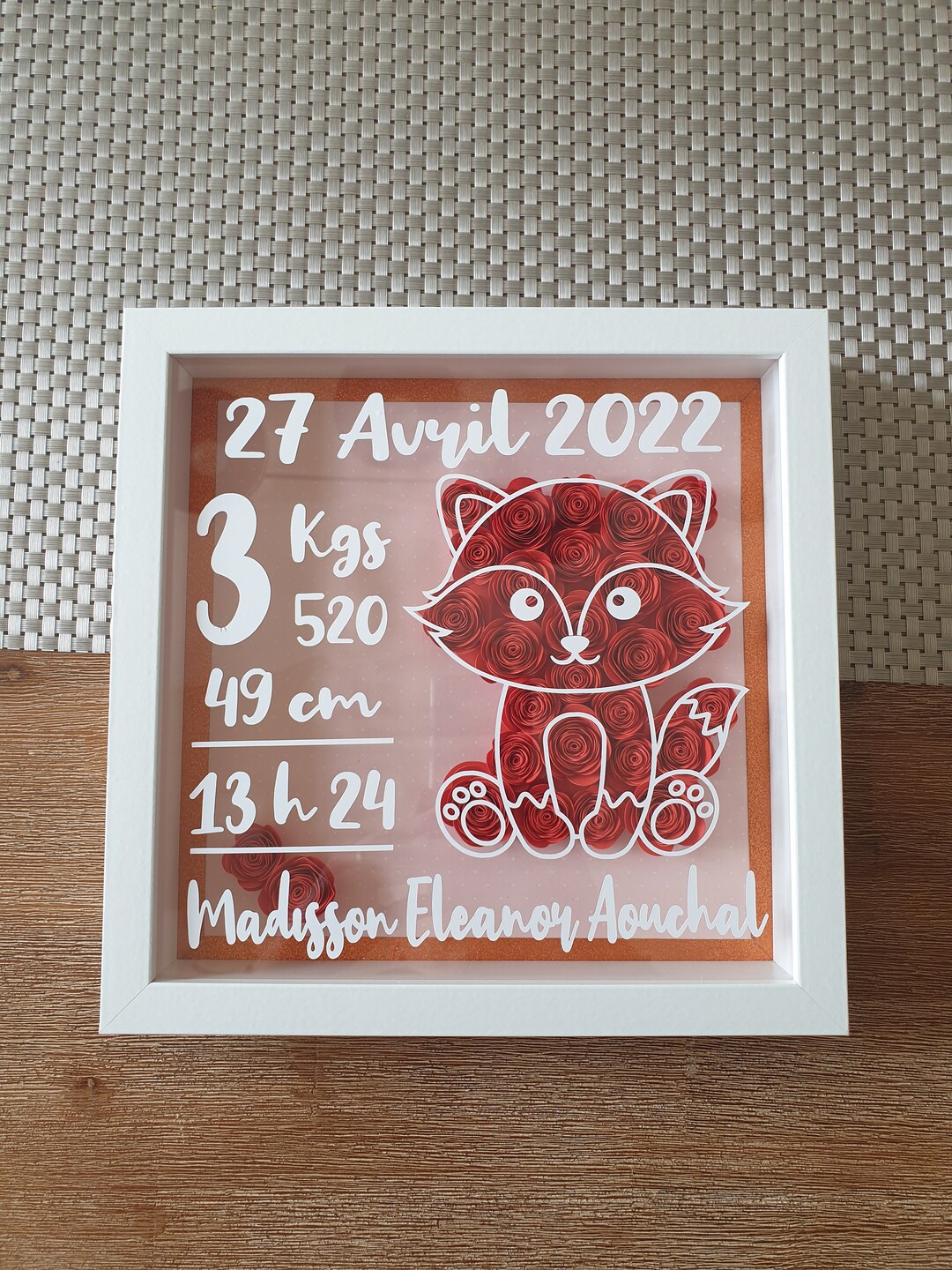 Pink Frame, 3D Roses, Birth Frame, Baby Frame, Flower Box, Birth Gift ...