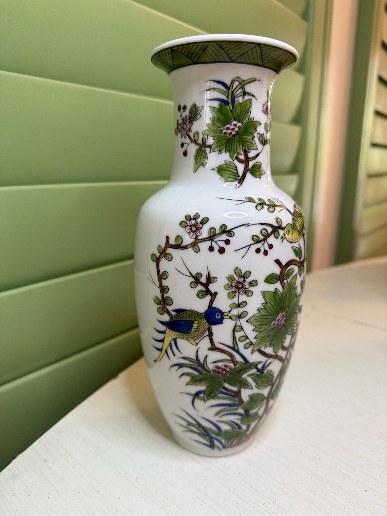 Vintage Samford Japan Chinoiserie Bird and Floral Porcelain Vase, Green ...