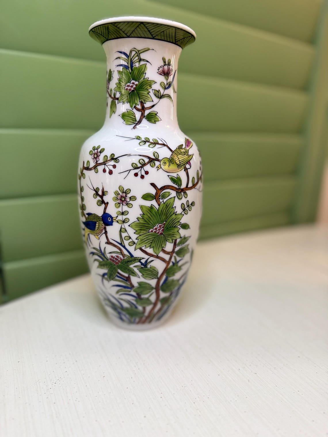 Vintage Samford Japan Chinoiserie Bird and Floral Porcelain Vase, Green ...