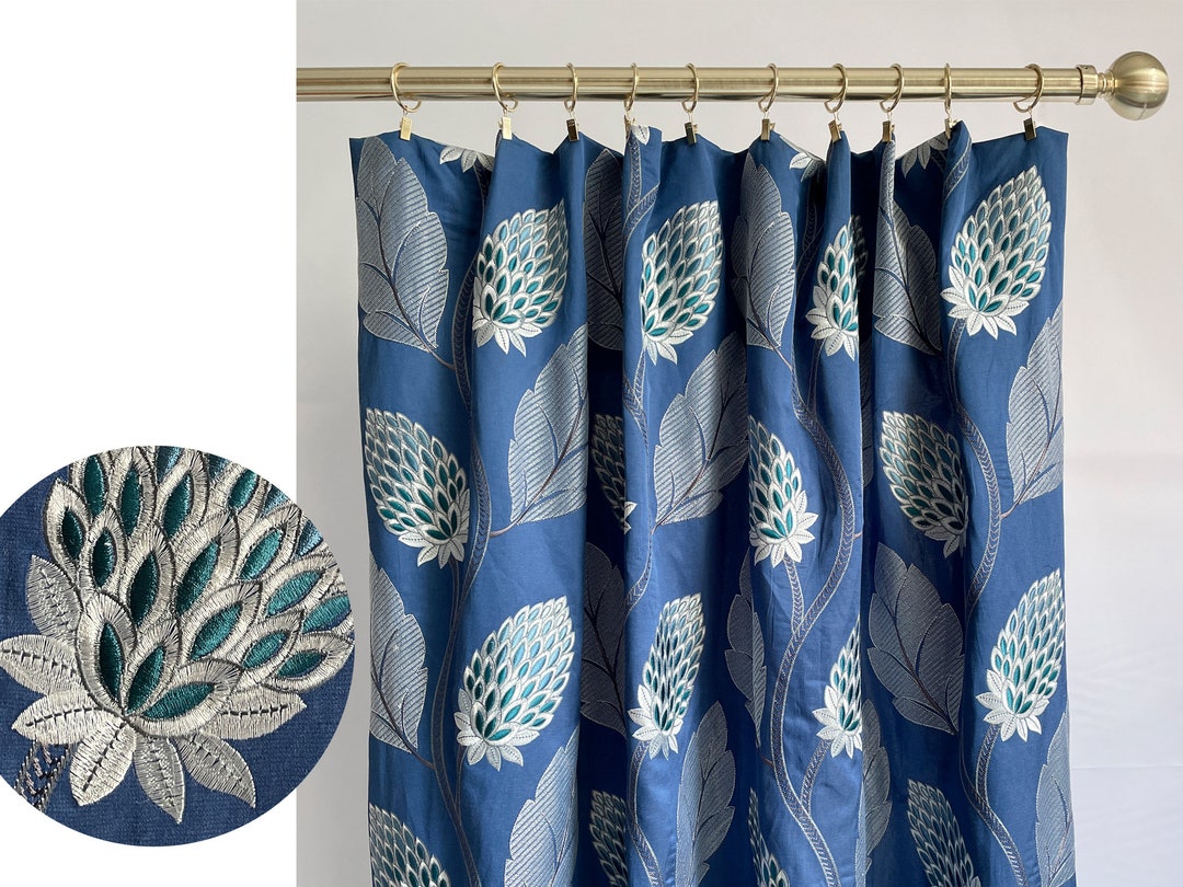 Designer Curtains, Blue Rayon Embroidered Curtains, Floral Embroidered ...