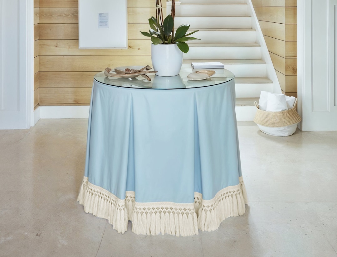 Custom Round Table Cover,pleated Baby Blue Table Cover With Tassel ...