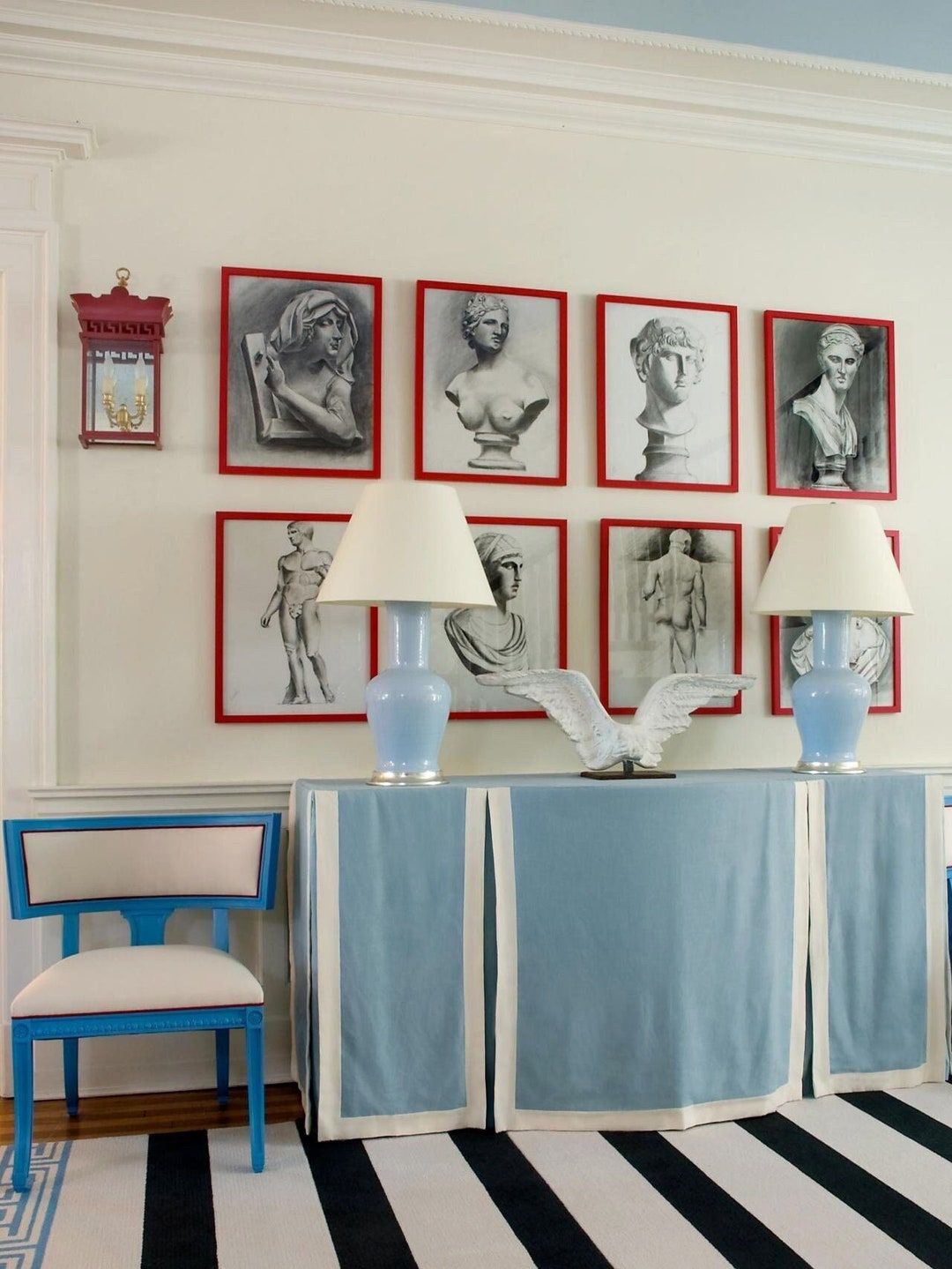 Baby Blue Linen Cabinet Buffet Cover, Table Skirt With Box Pleats and ...
