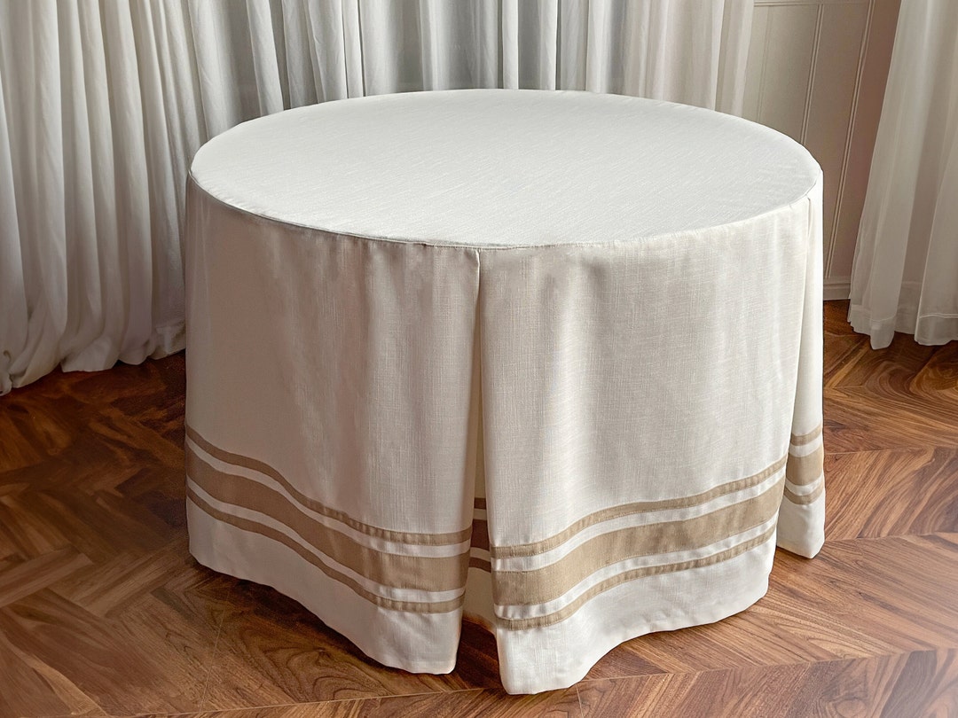 Pleated off White Table Skirt With Beige Border,round Table Skirt,linen ...