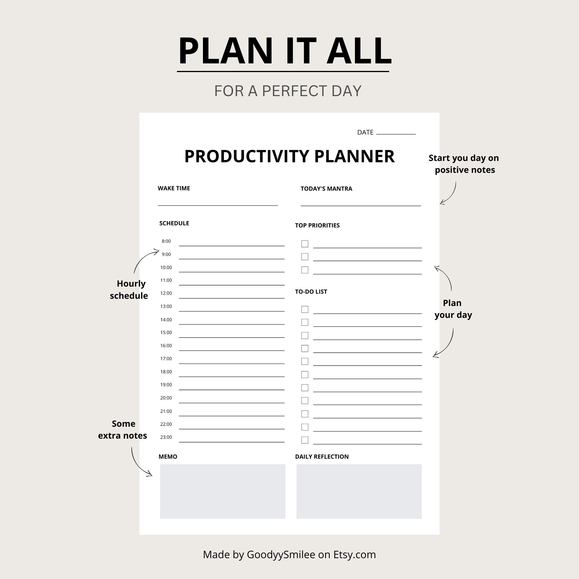 Productivity Planner, Printable Planner, Undated Planner, Daily Hourly ...