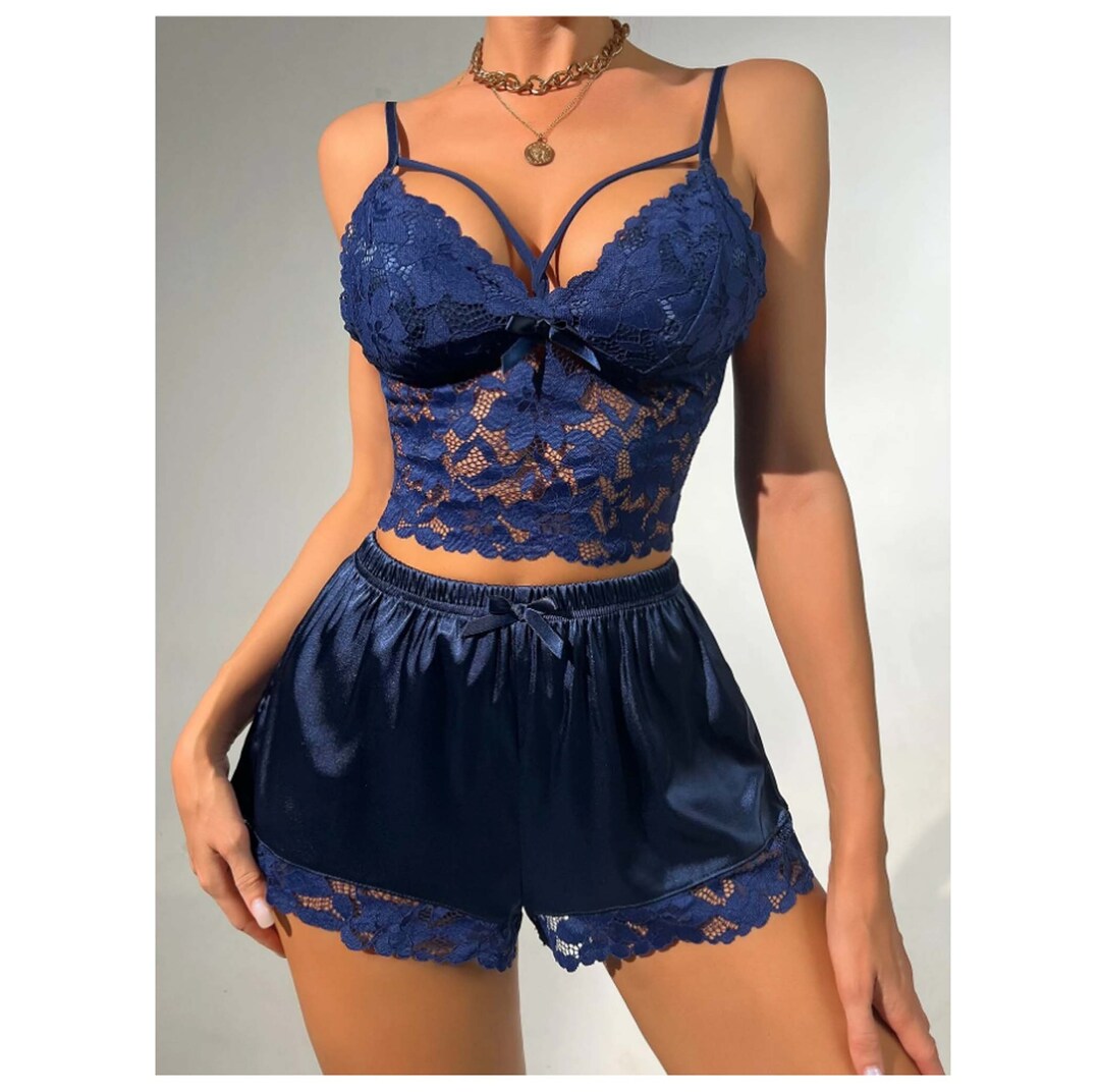 Floral Lace Bow Front Satin Pj Set Etsy