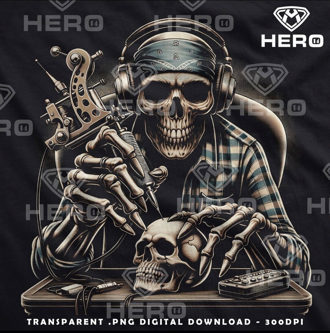 Gangster Skull Tattoo Artist Skeleton & Tattoo Gun Drawing on Skull ...