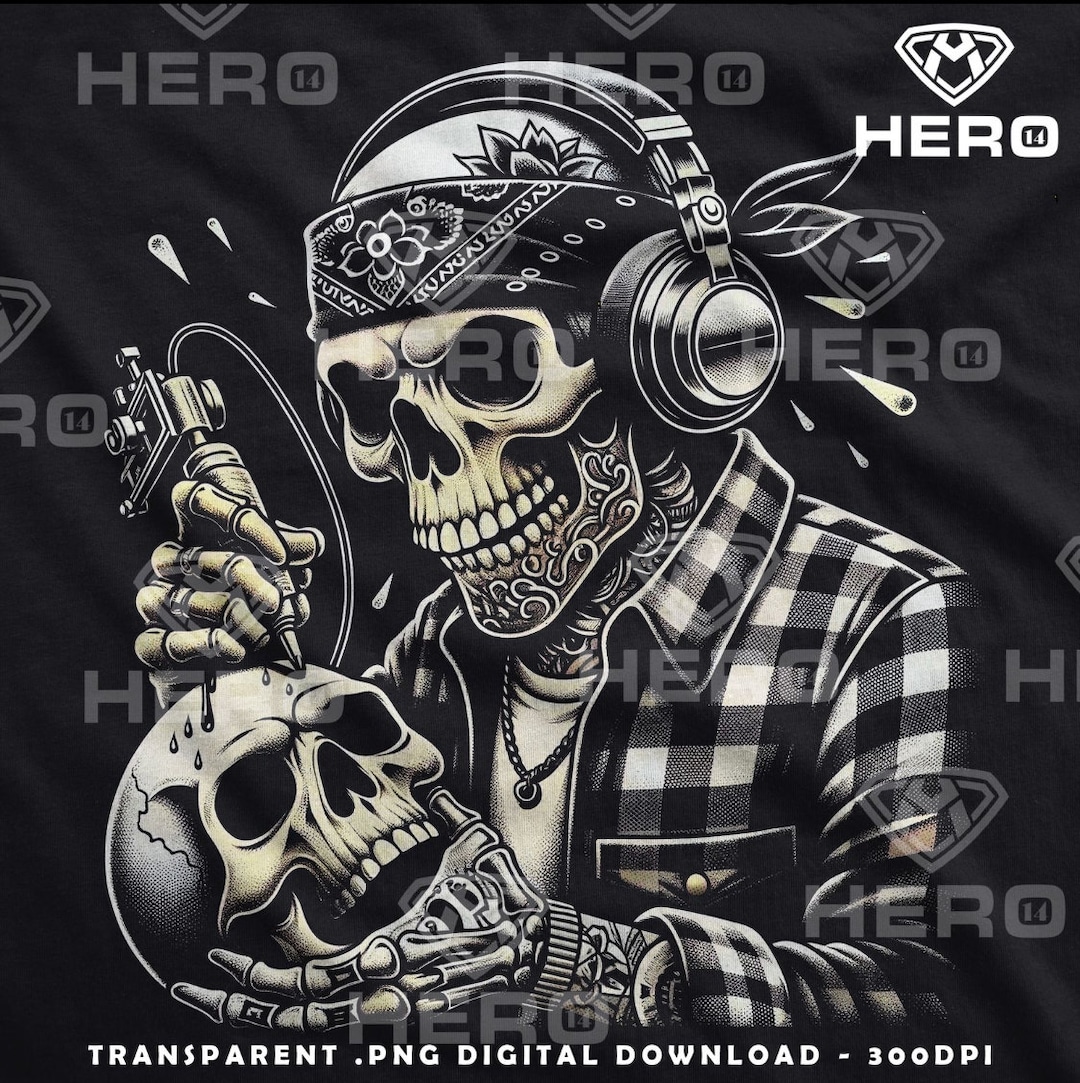 Gothic Skull Tattoo Artist Skeleton With Bandanna and Headphones Doing ...