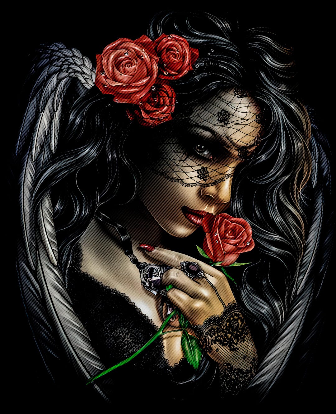 Angel Chica With Roses Charming Angel With Lace Mask & Diamond Necklace ...