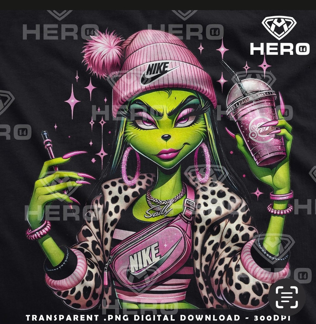 Grinch Girl Leopard Jacket Happy Smoking Grinch Girl With Pink Beanie ...