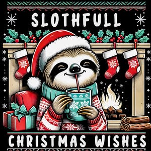 Sloth Smiling Sipping Coco Sloth With Santa Hat and Fireplace Christmas ...