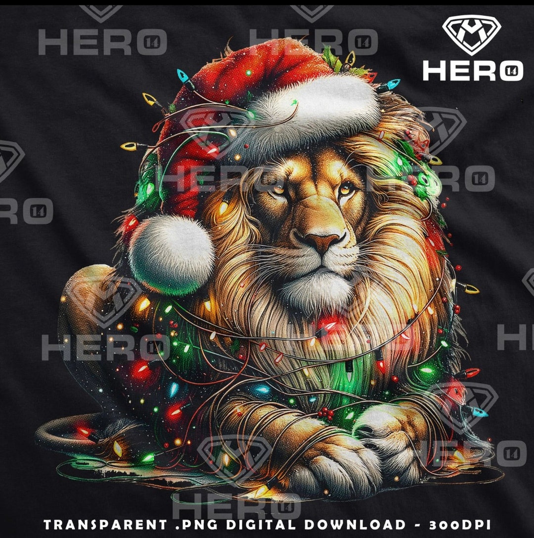 Powerful Lion With Christmas Lights Santa Hat Printable PNG for Dark ...