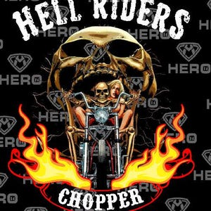Chopper Biker Flaming Skull Biker Club Art Ride Through Orange Flames ...