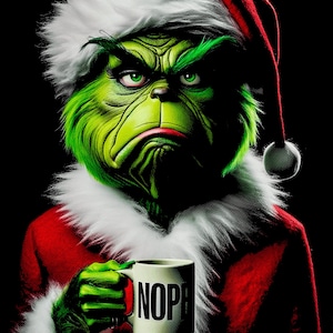 Grinch Drinking Coffee Grumpy Grinch Wearing Santa Hat and Coffee Cup ...