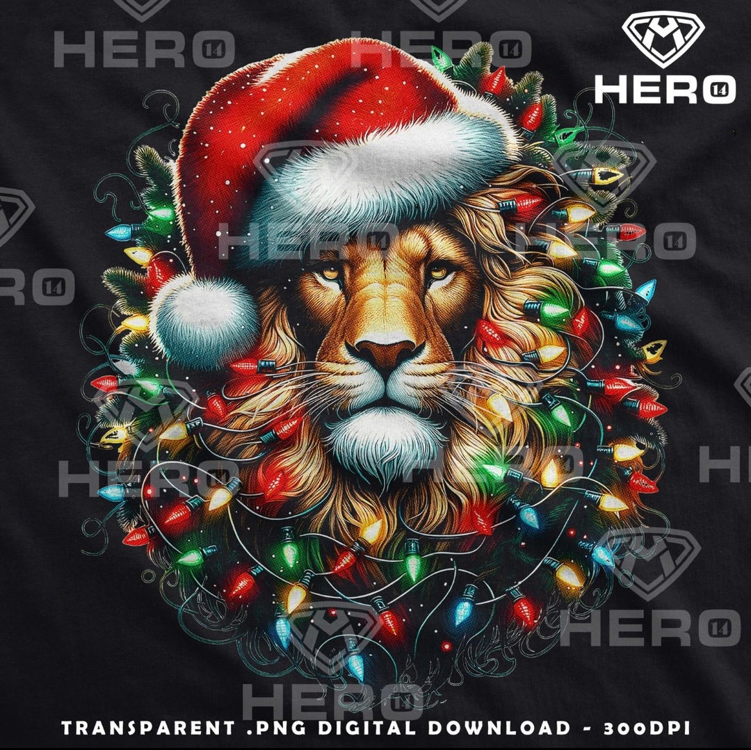 Christmas Lion PNG Santa Hat & Wreath Design for Dark Clothing Joyful ...