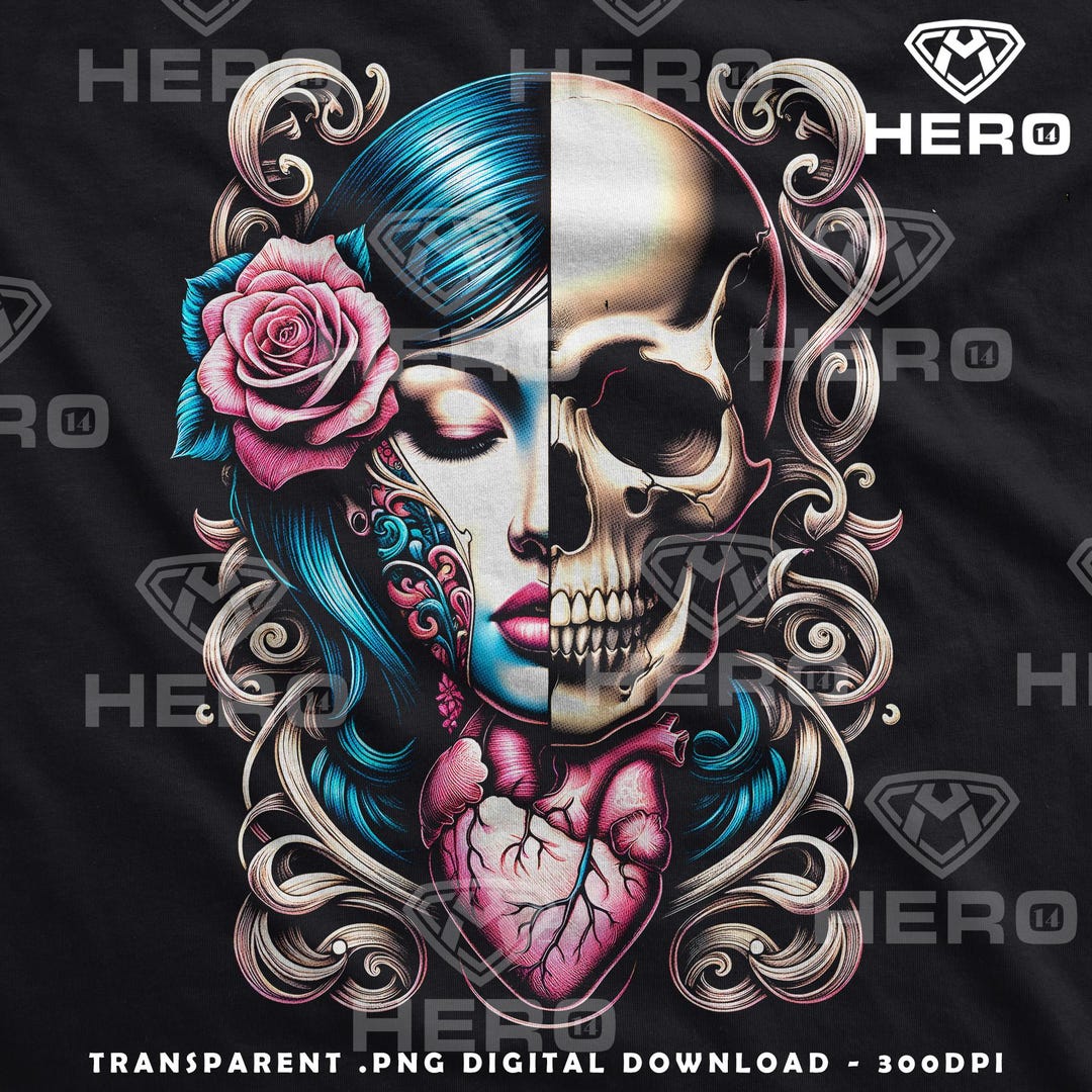 Half Skull Half Chica Lady Face With Pink Rose in Hair Real Heart Skull ...