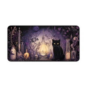 Lavender Purple Witchy Botanical Potions Black Cat Desk Mat, Witchy ...