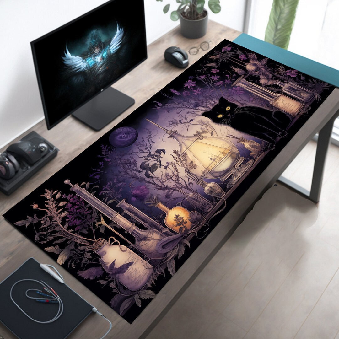 Lavender Purple Witchy Botanical Potions Black Cat Desk Mat, Witchy ...