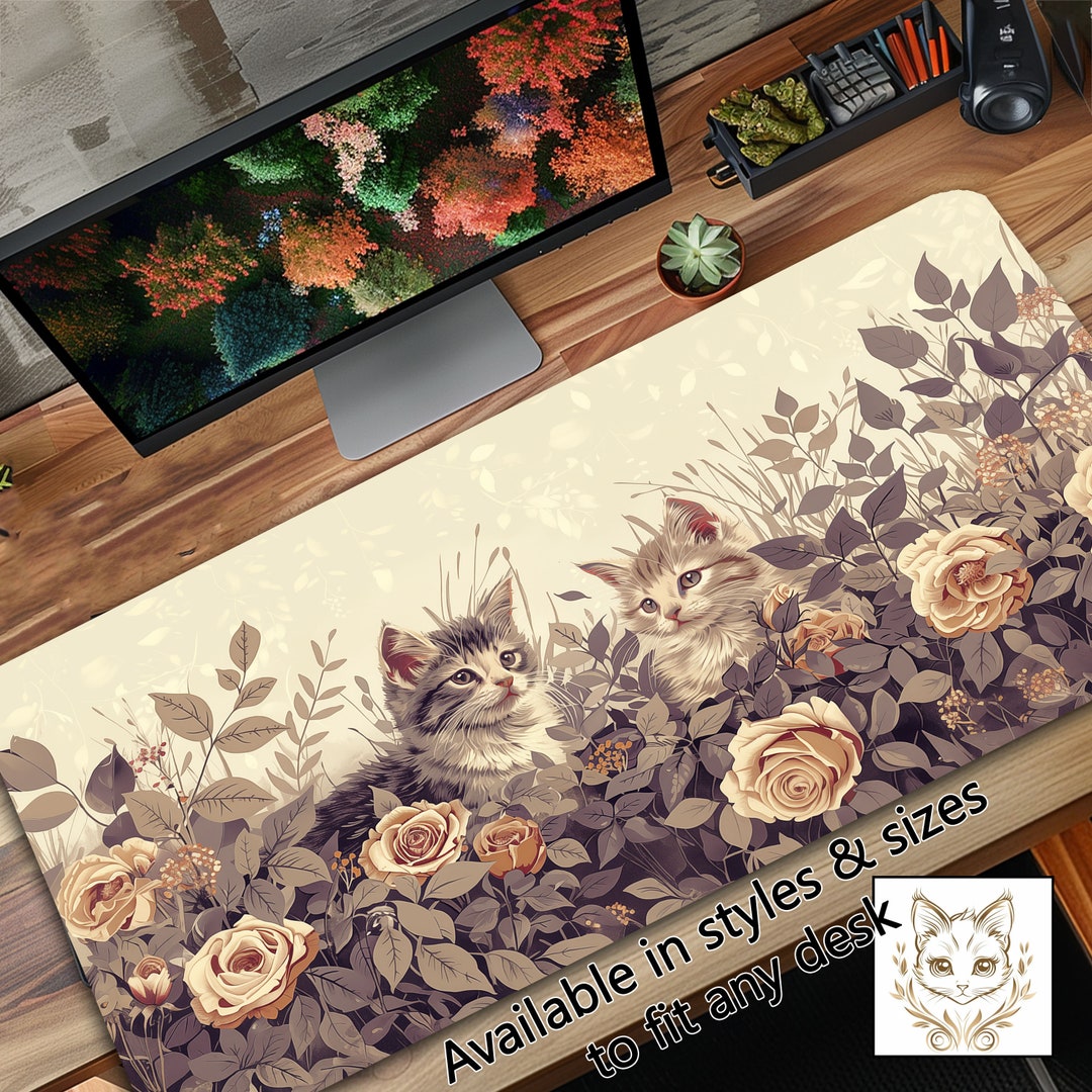 Cute Cottagecore Cat Desk Mat Featuring Kittens Hiding in a Rose Garden ...