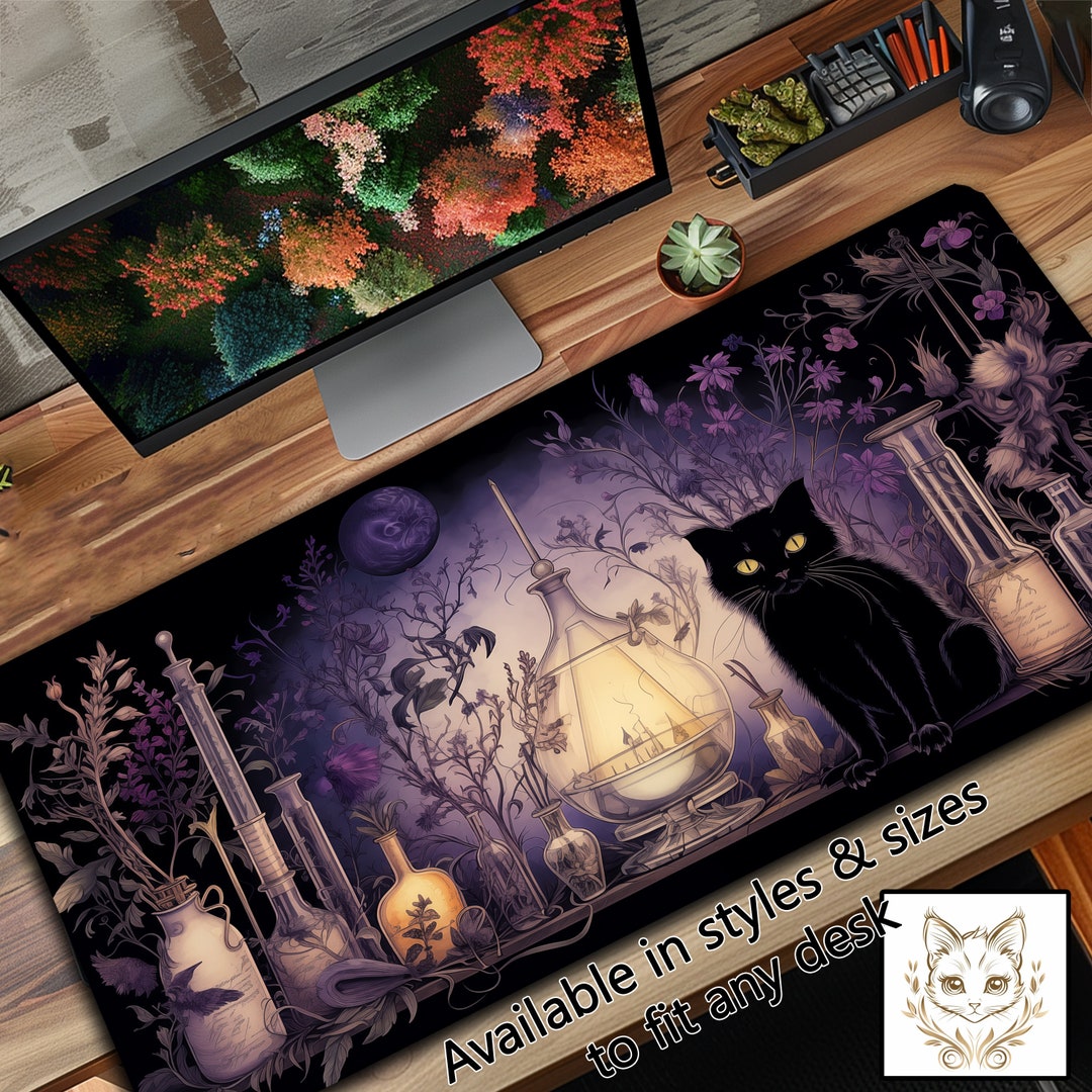 Lavender Purple Witchy Botanical Potions Black Cat Desk Mat, Witchy ...
