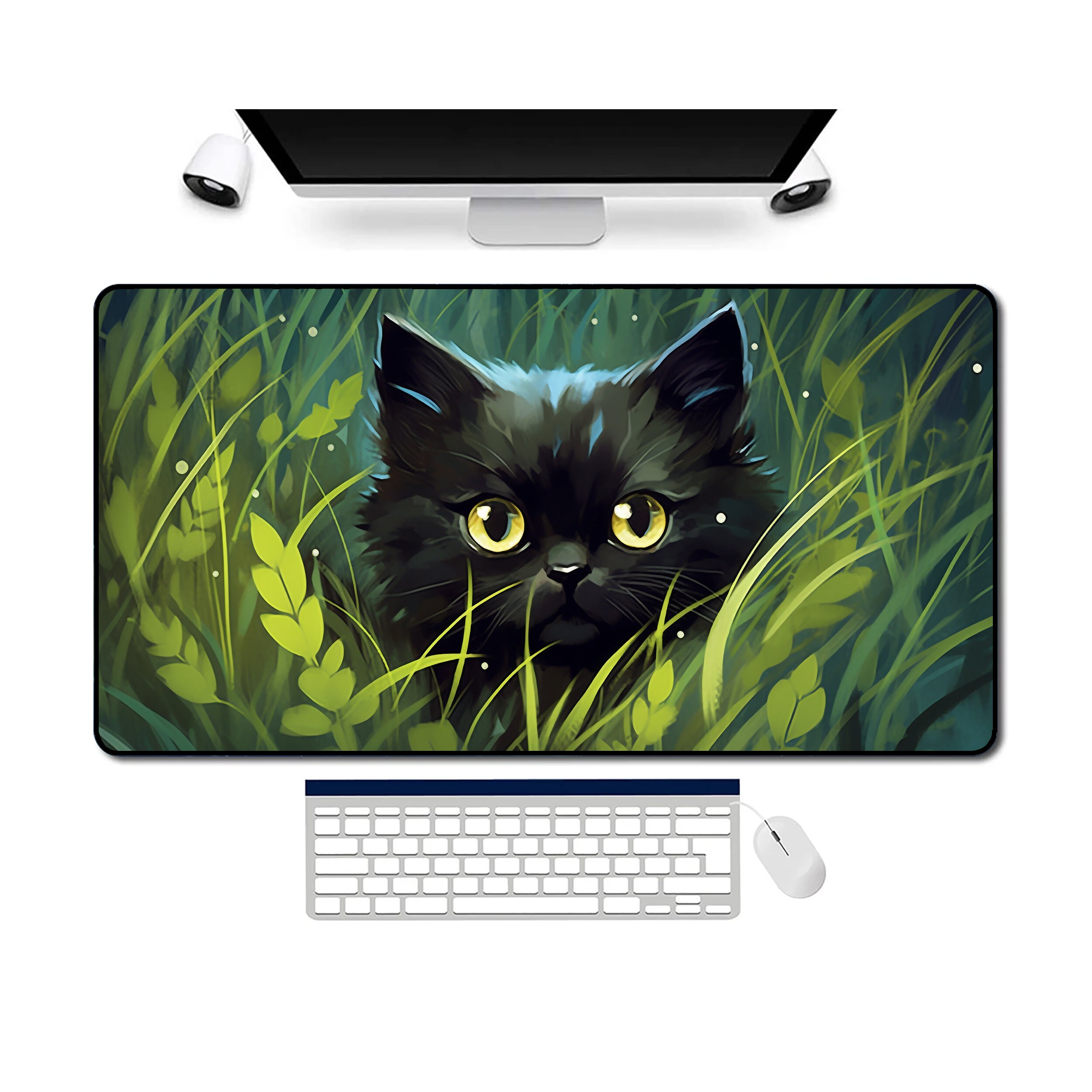 Cute Black Cat Desk Mat, Anime Style Green Grass, Playful Feline ...