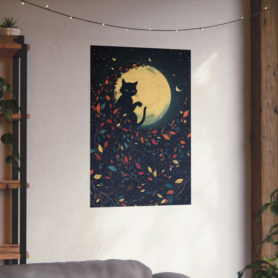 Cute Playful Cat in the Full Moon Poster, Cat Poster Art Print, Cute ...