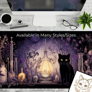 Lavender Purple Witchy Botanical Potions Black Cat Desk Mat, Witchy ...