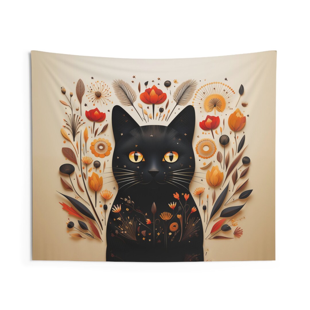 Boho Floral Cat Tapestry, Cottagecore Cat Wall Hanging, Cute Cat Wall ...