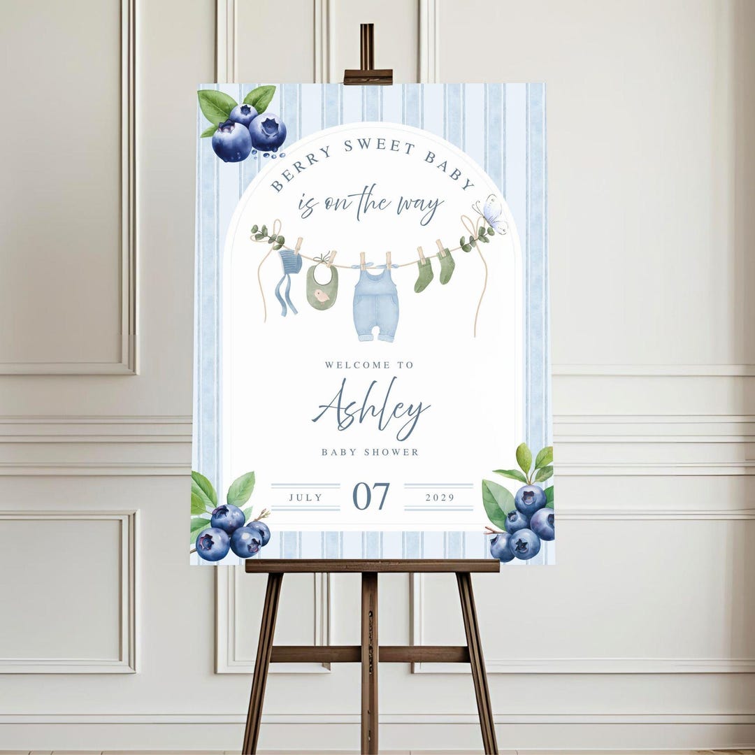 Berry Sweet Baby Shower Welcome Sign: Blueberry Decor, Canva Template ...