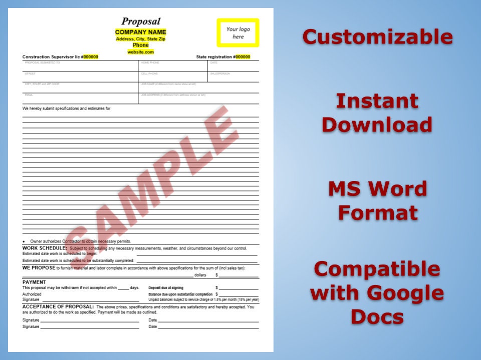 Blank Proposal With Lines | Construction Contract - Agreement - Quote - Estimate - Etsy