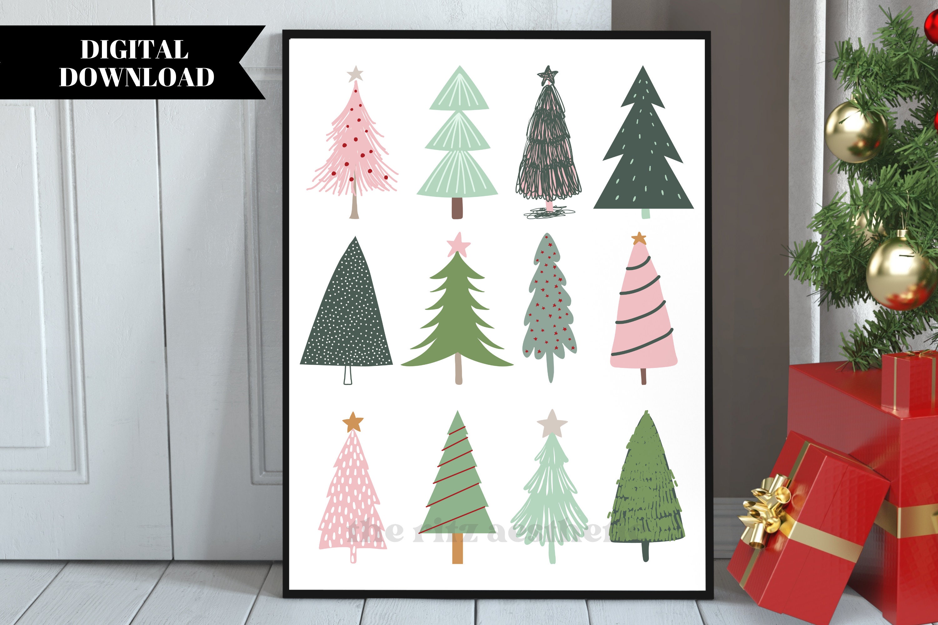 Pink Pastel Boho Christmas Tree Wall Art, Printable Holiday Wall Decor ...