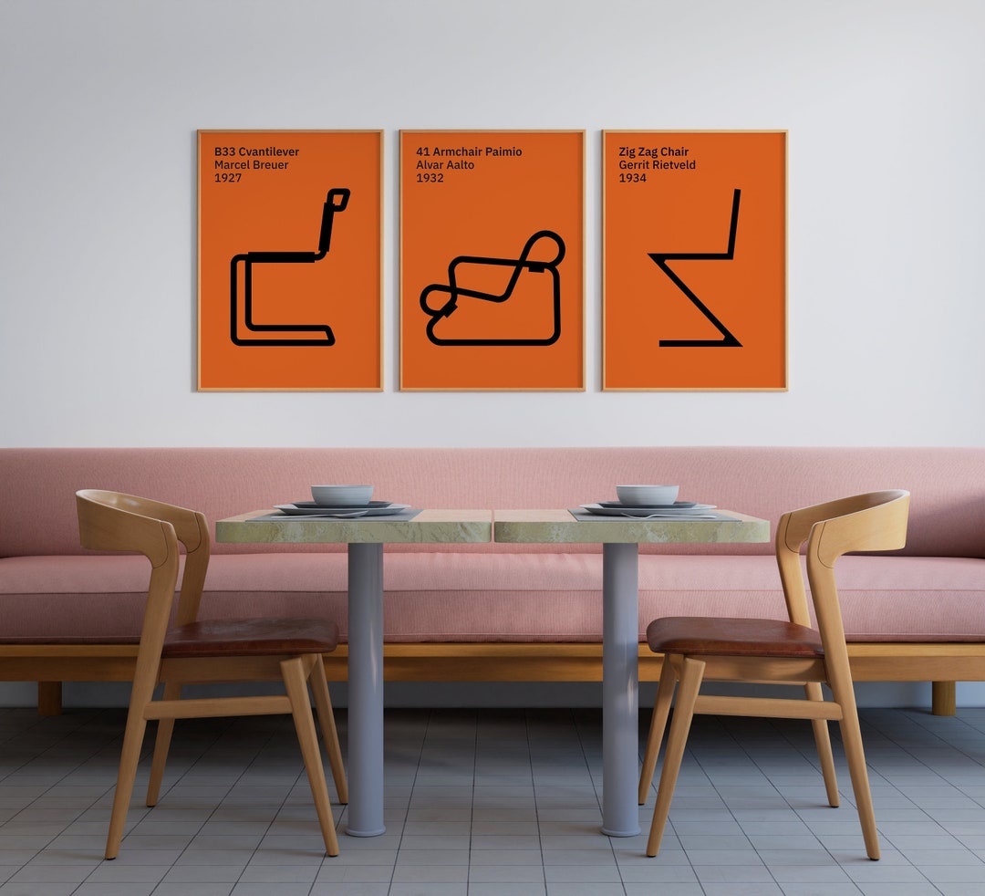 Mid Century Chairs, Set of 3 Prints, Orange/black, Digital Download ...