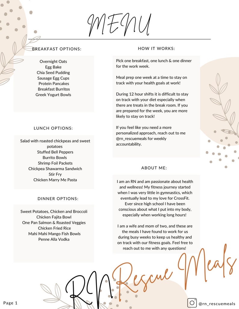 PDF Meal Plan: Shopping List and Recipes for Registered Nurses and ...