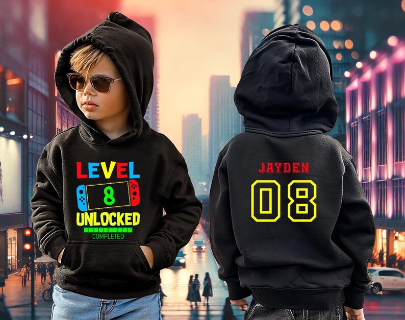 Level 8 Unlocked Sweatshirt, Front AND Back Print Birthday Boy ...
