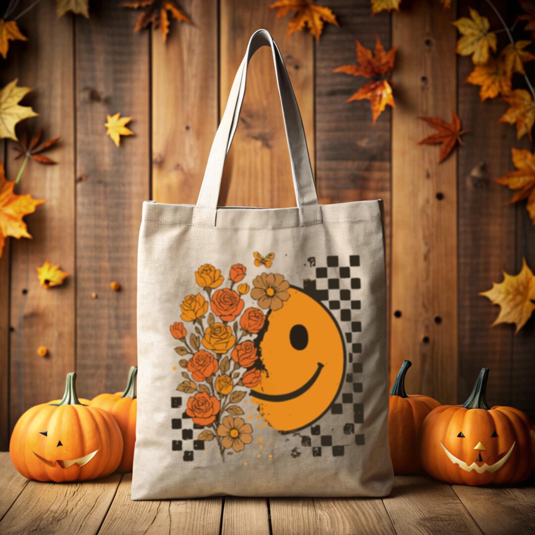 Floral Smiley Face Cotton Canvas Tote Bag, Retro Checkered Design - Etsy