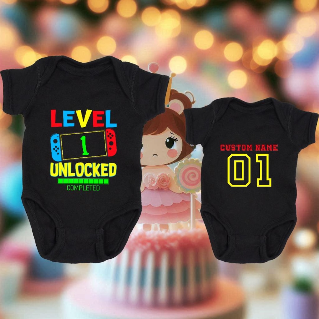 Custom Level 1 Unlocked Baby Onesie, Front AND Back Print Birthday Boy ...