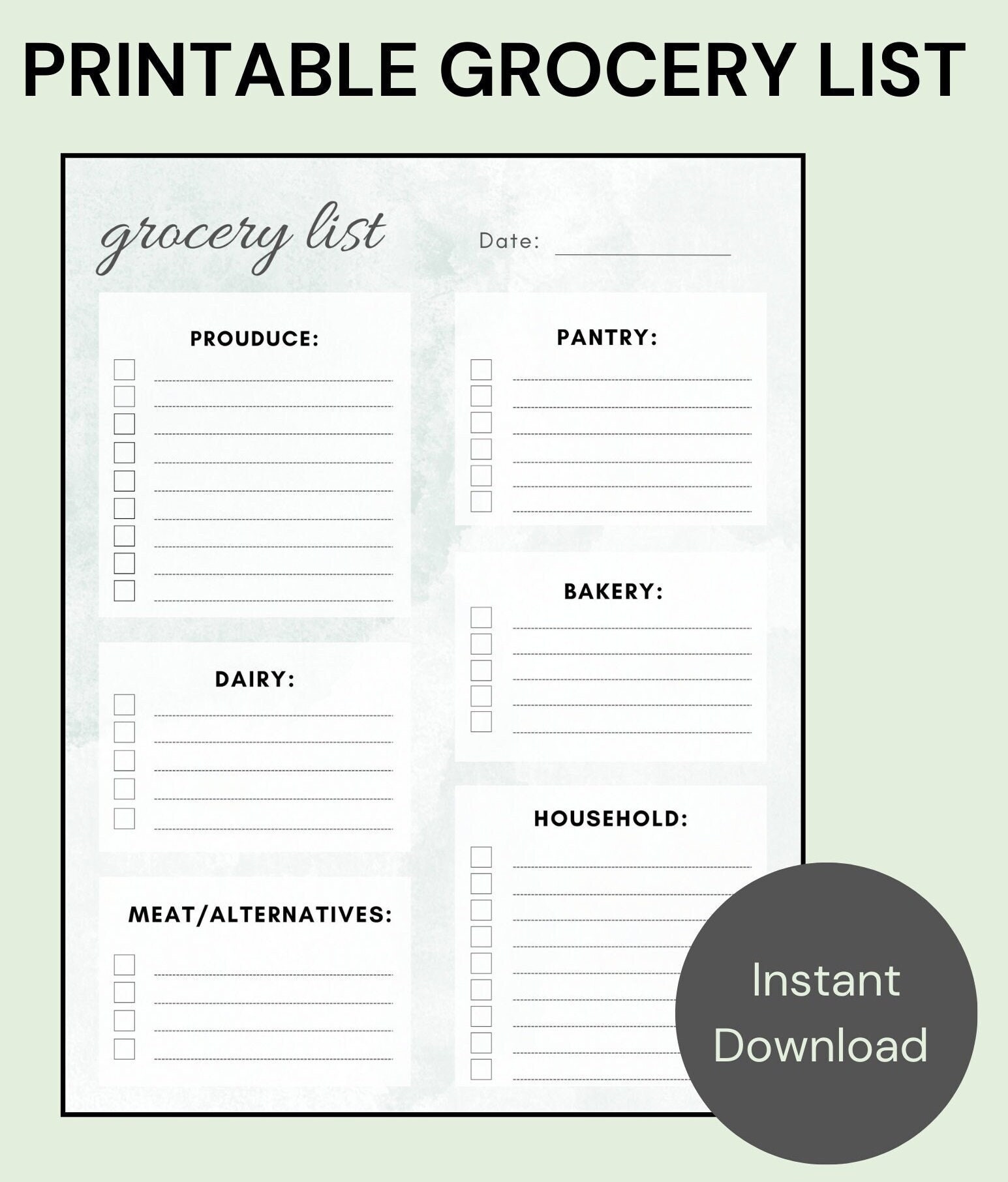 INSTANT DOWNLOAD Printable Grocery List, Grocery List Planner, Grocery ...