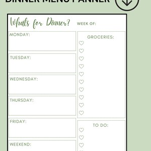 DIGITAL DOWNLOADABLE Menu Planner With Grocery and to Do List, Green ...