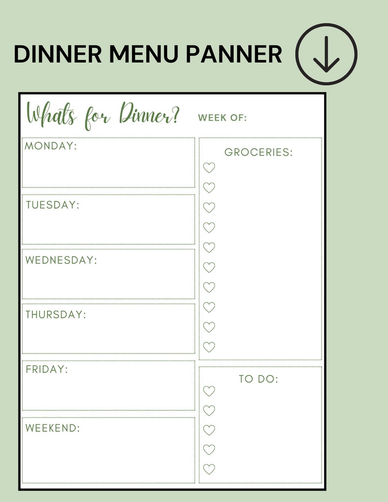 DIGITAL DOWNLOADABLE Menu Planner With Grocery and to Do List, Green ...