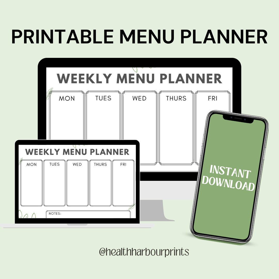 INSTANT DOWNLOAD Printable Weekly Menu Planner, Menu Plan With Notes ...