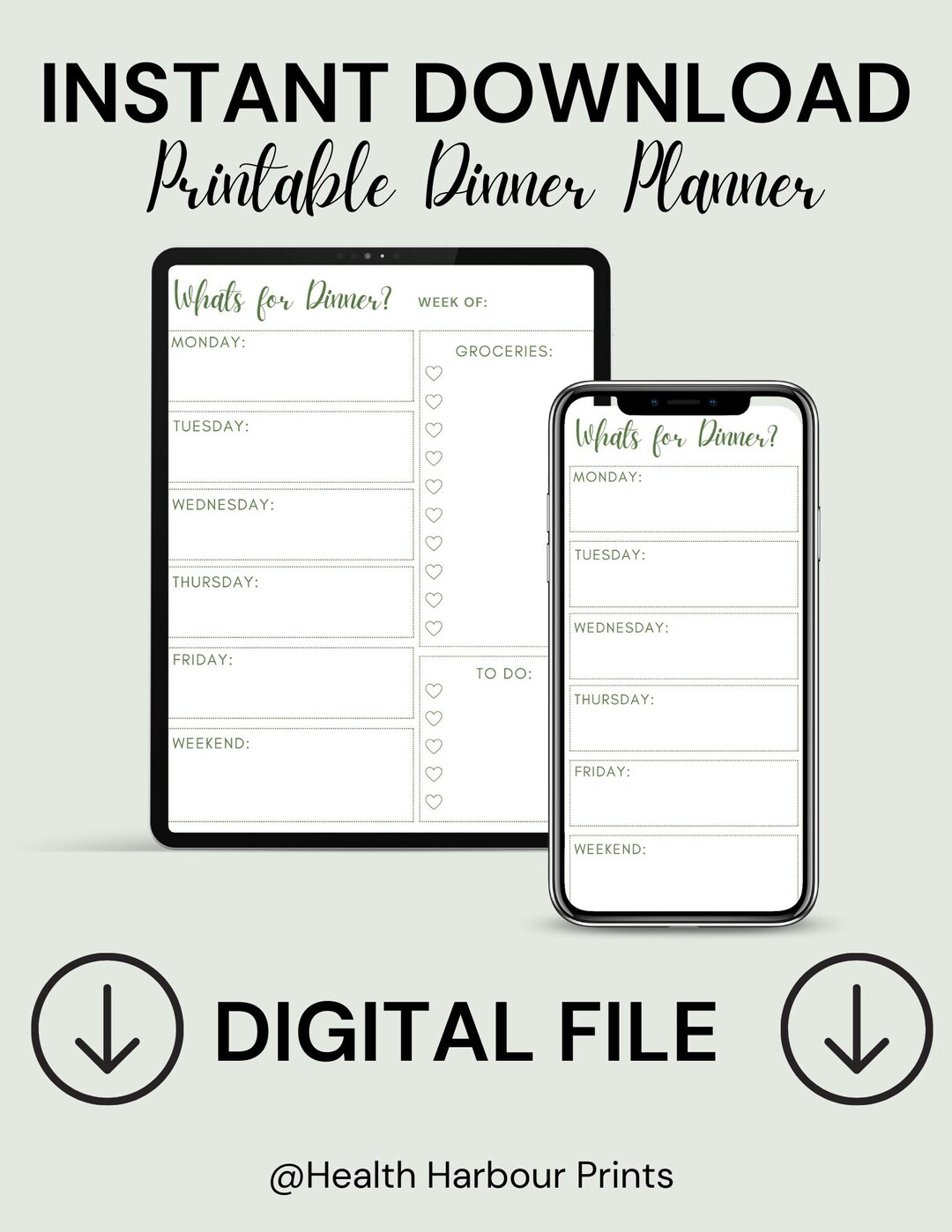 DIGITAL DOWNLOADABLE Menu Planner With Grocery and to Do List, Green ...