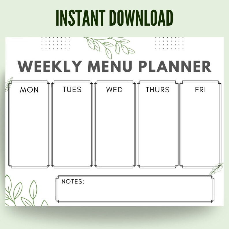 INSTANT DOWNLOAD Printable Weekly Menu Planner, Menu Plan With Notes ...