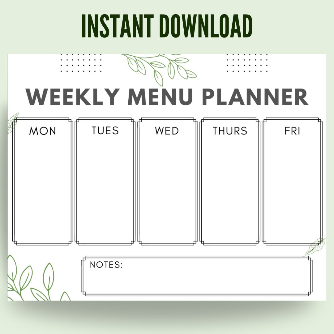 INSTANT DOWNLOAD Printable Weekly Menu Planner, Menu Plan With Notes ...