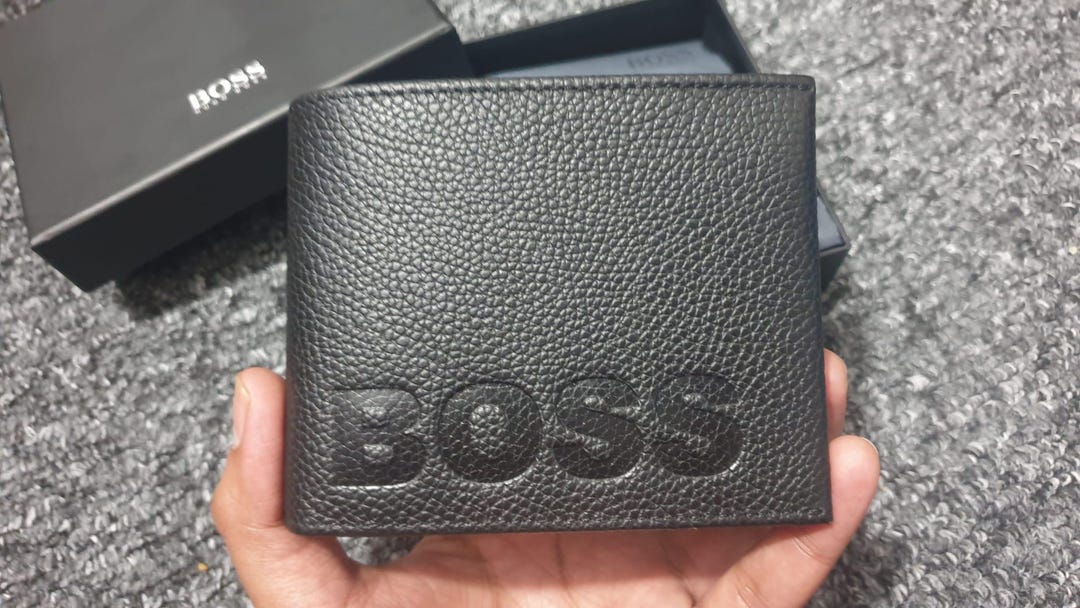 New Men's Hugo Boss Emboss Genuine Black Leather Wallet & Coin Holder ...